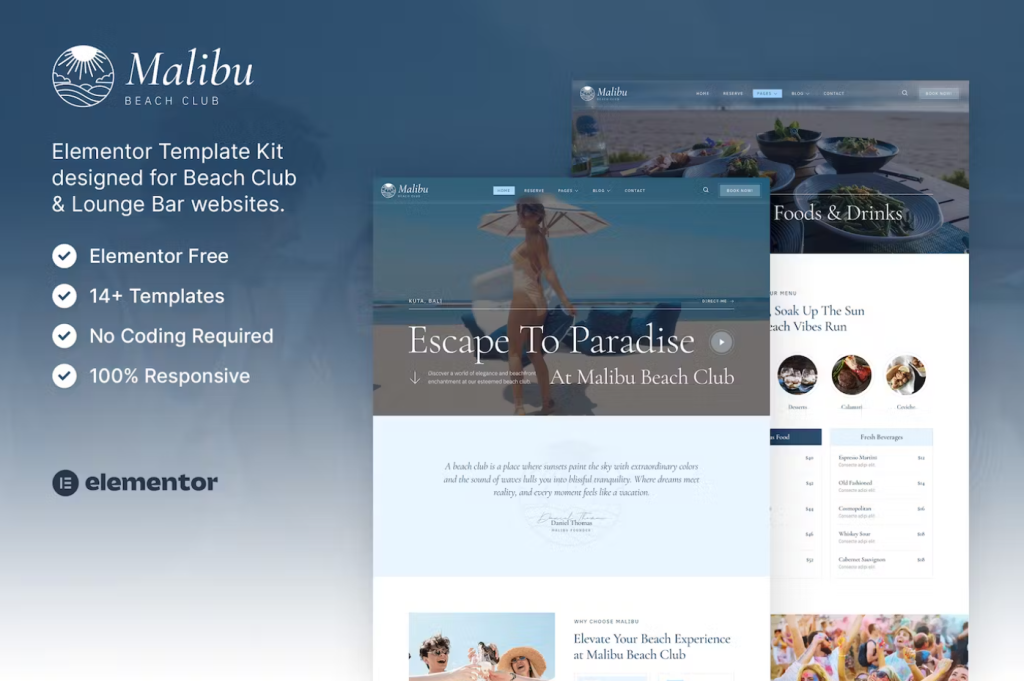 Malibu – Beach Club & Lounge Bar Elementor Template Kit - Themenvato